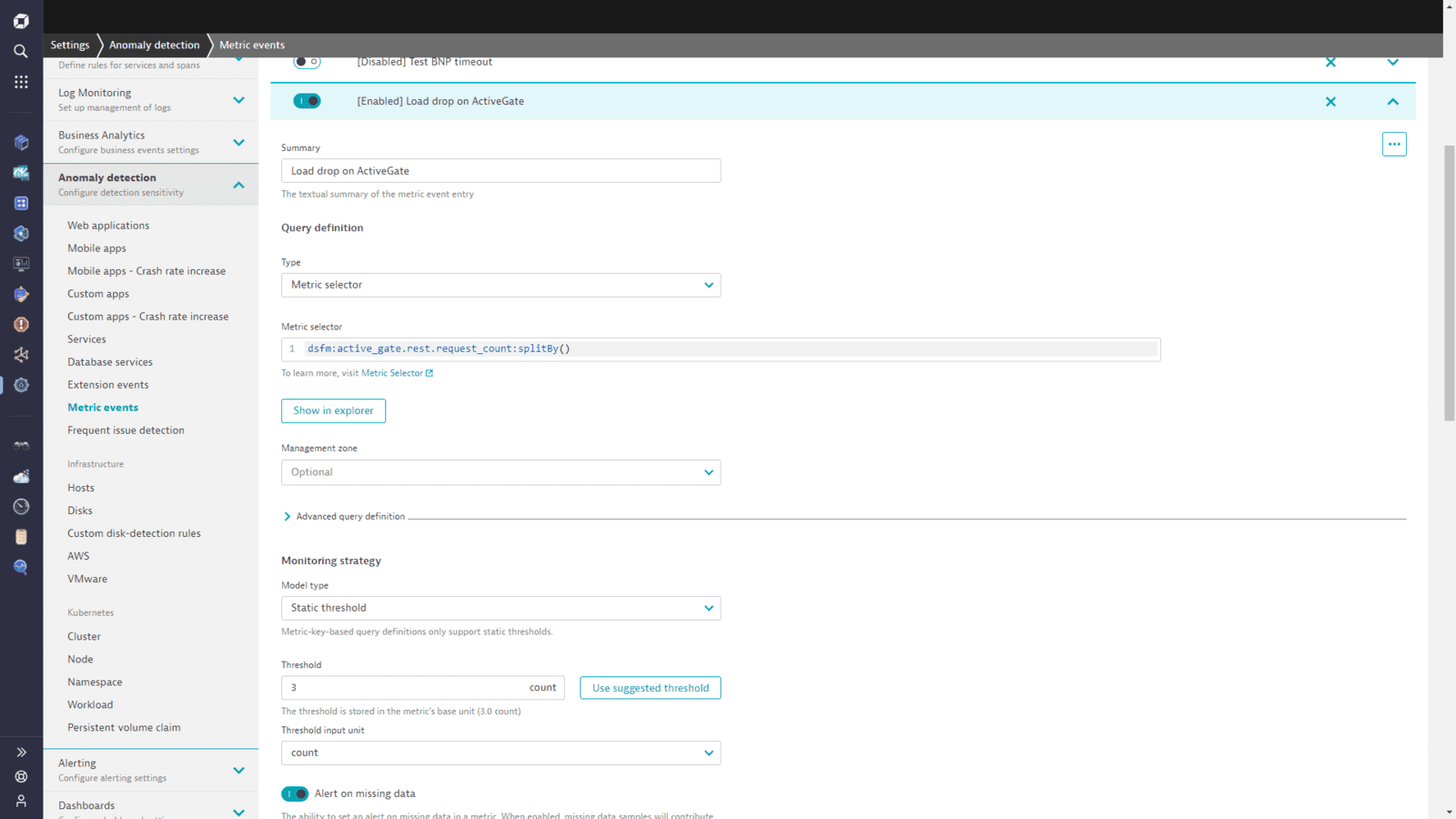 Detect data volume drops — Dynatrace Docs
