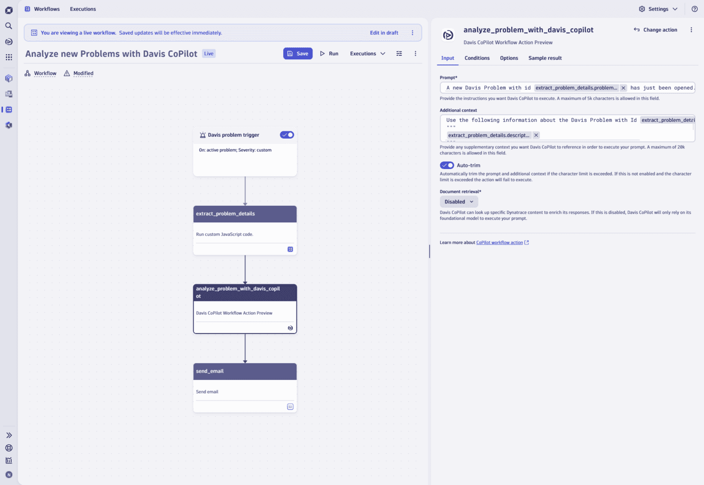 Summarize open problems with Davis CoPilot in Workflows — Dynatrace Docs