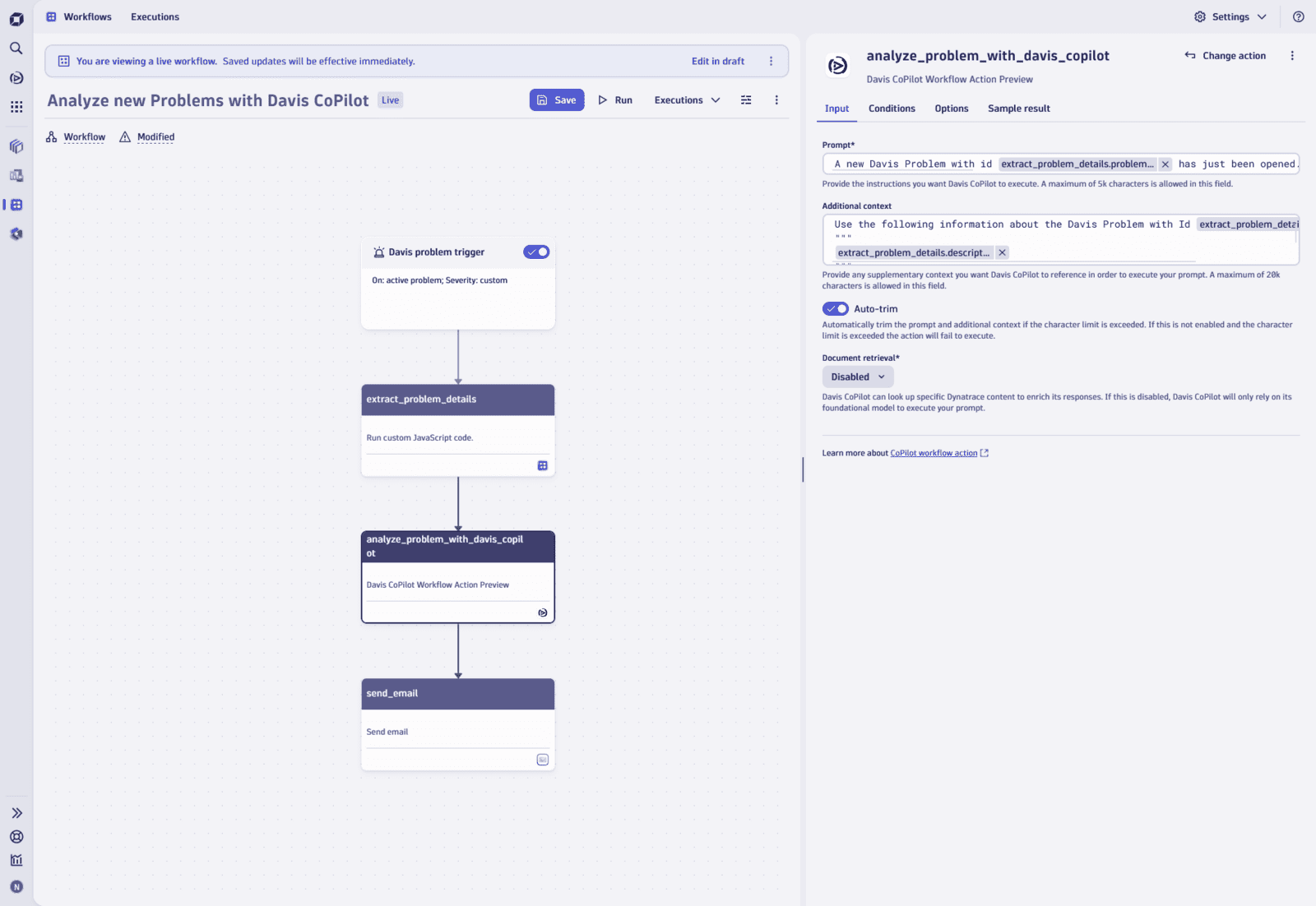 Summarize open problems with Davis CoPilot in Workflows — Dynatrace Docs