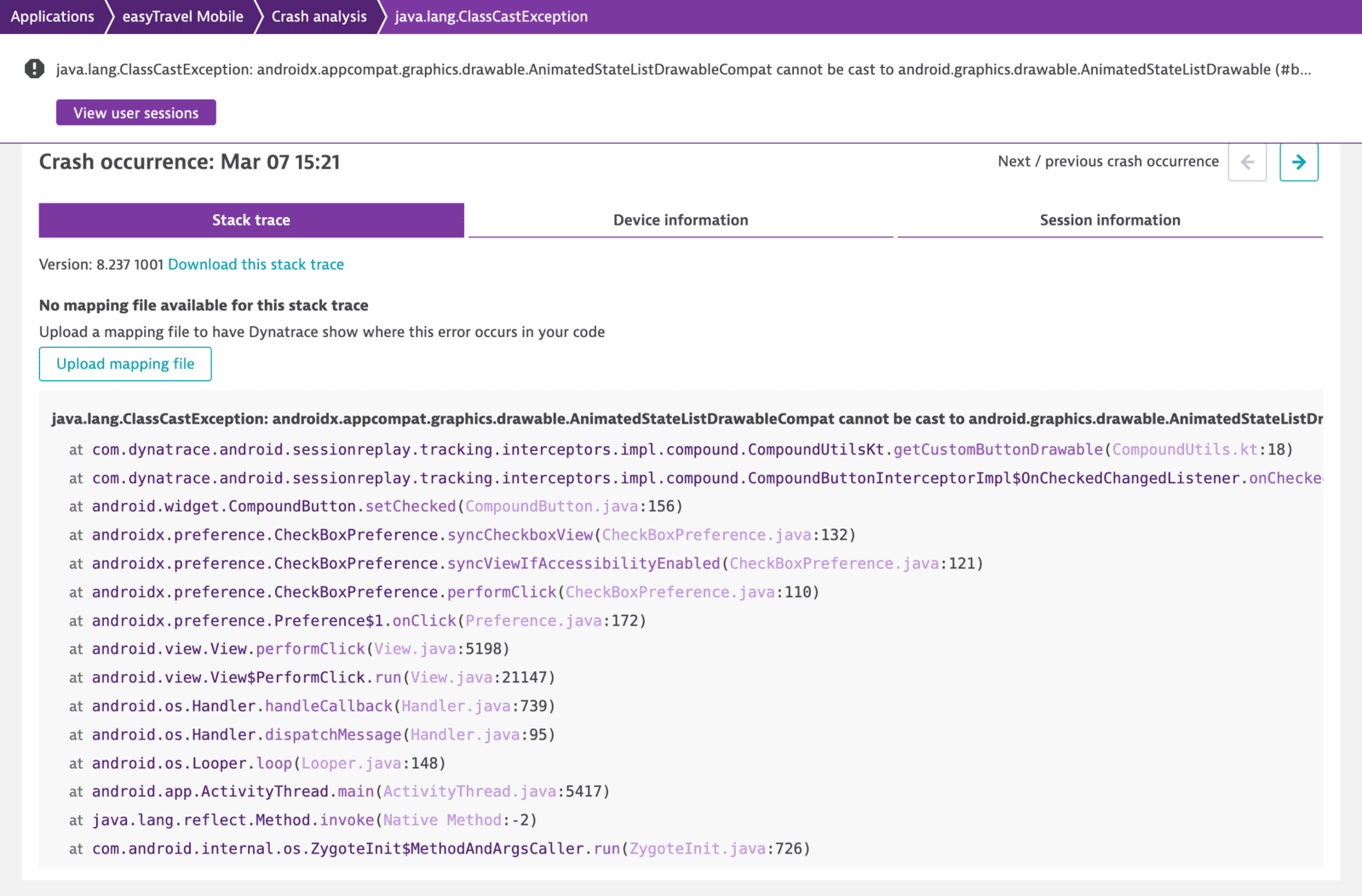 View crash reports for custom applications — Dynatrace Docs