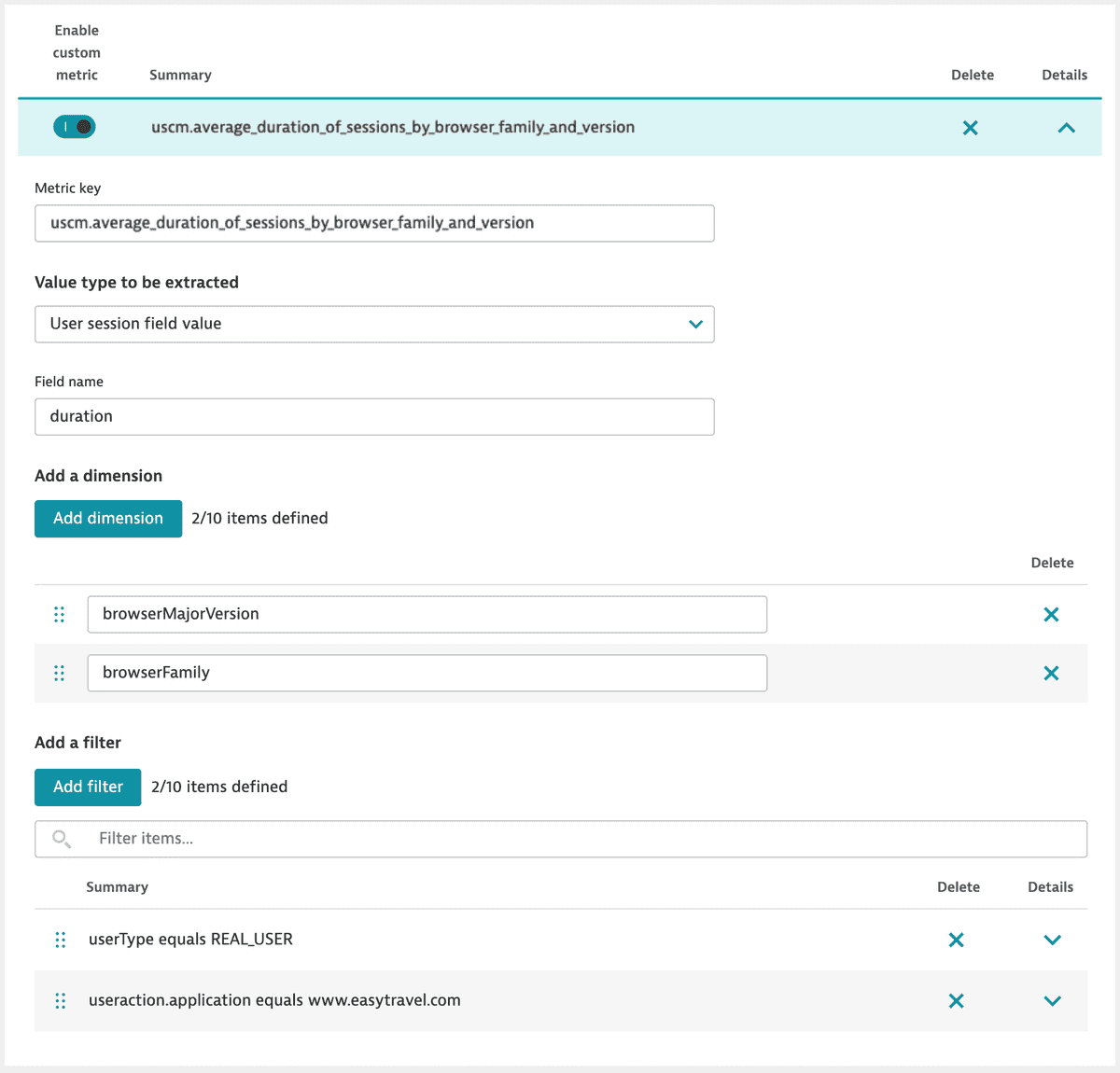 Create USQL custom metrics for web applications — Dynatrace Docs