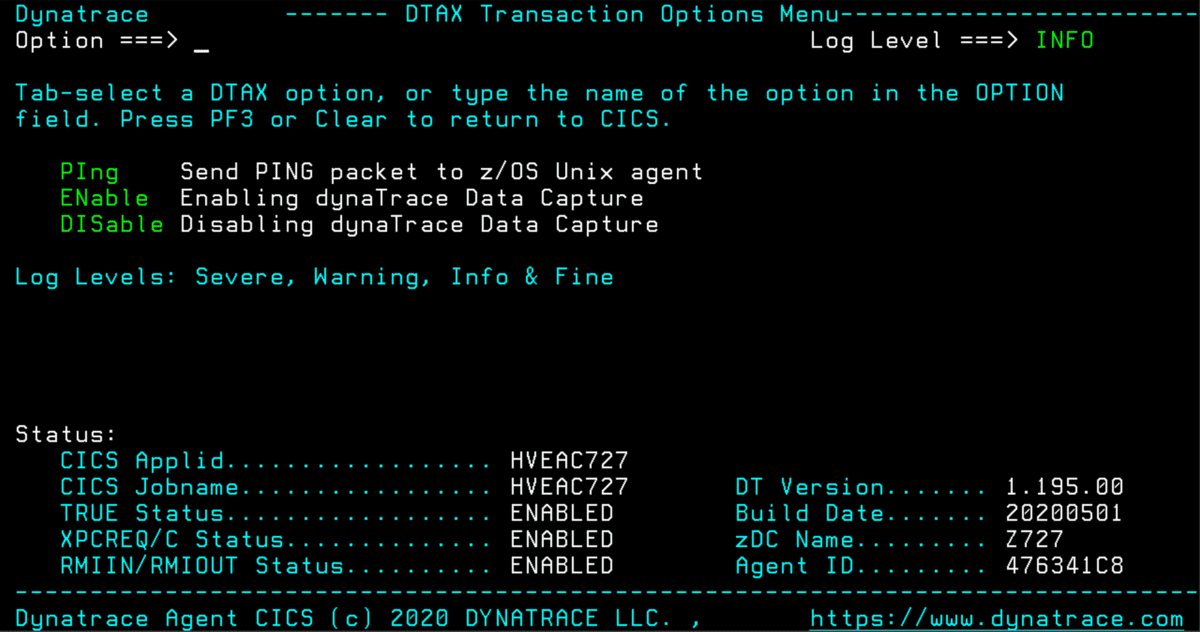 Manage the CICS module via DTAX transactions — Dynatrace Docs