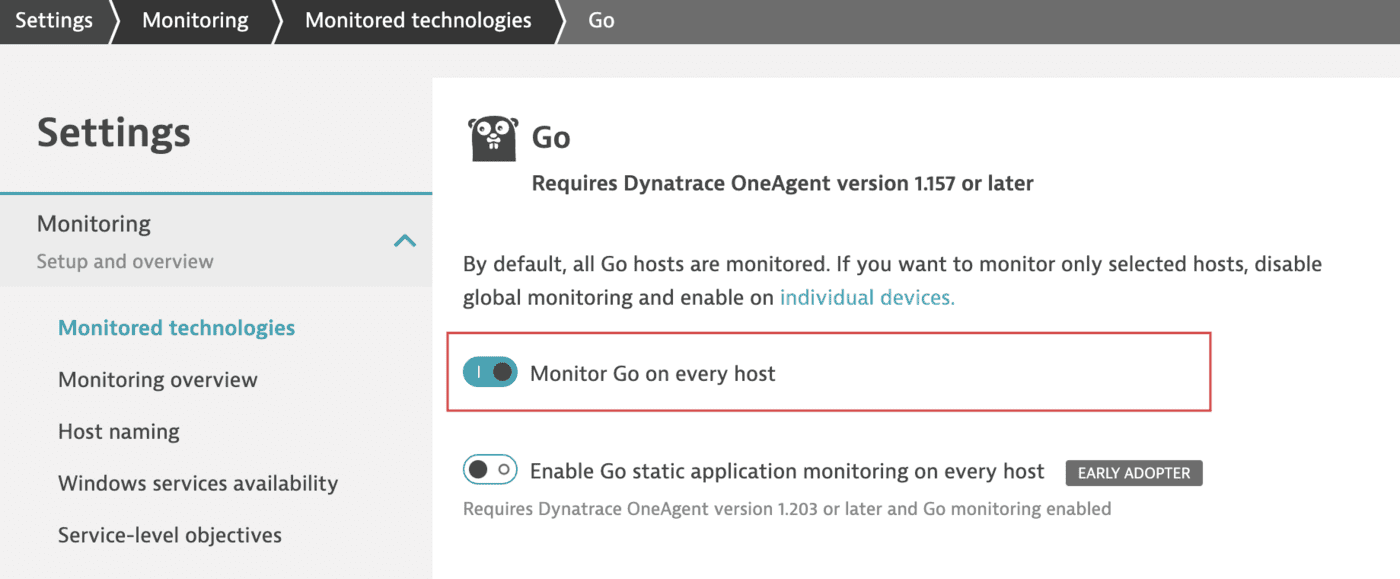 Enable Go monitoring — Dynatrace Docs