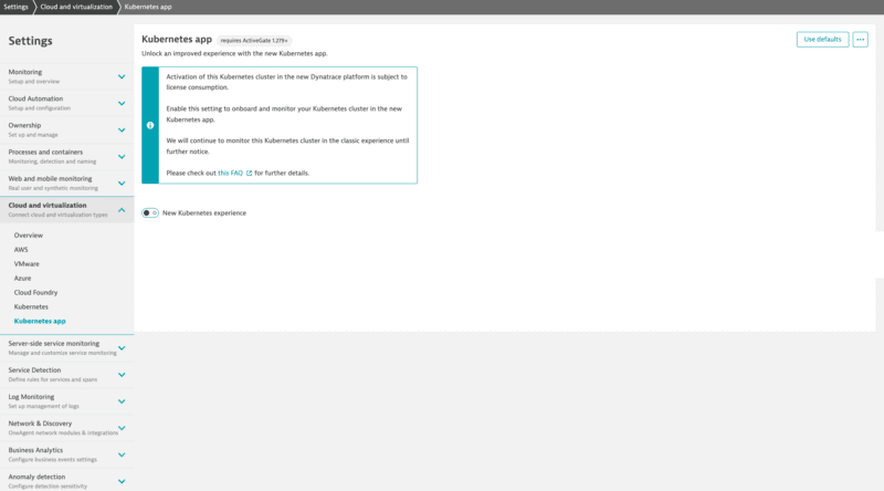 Enable Kubernetes Experience For Existing Clusters — Dynatrace Docs