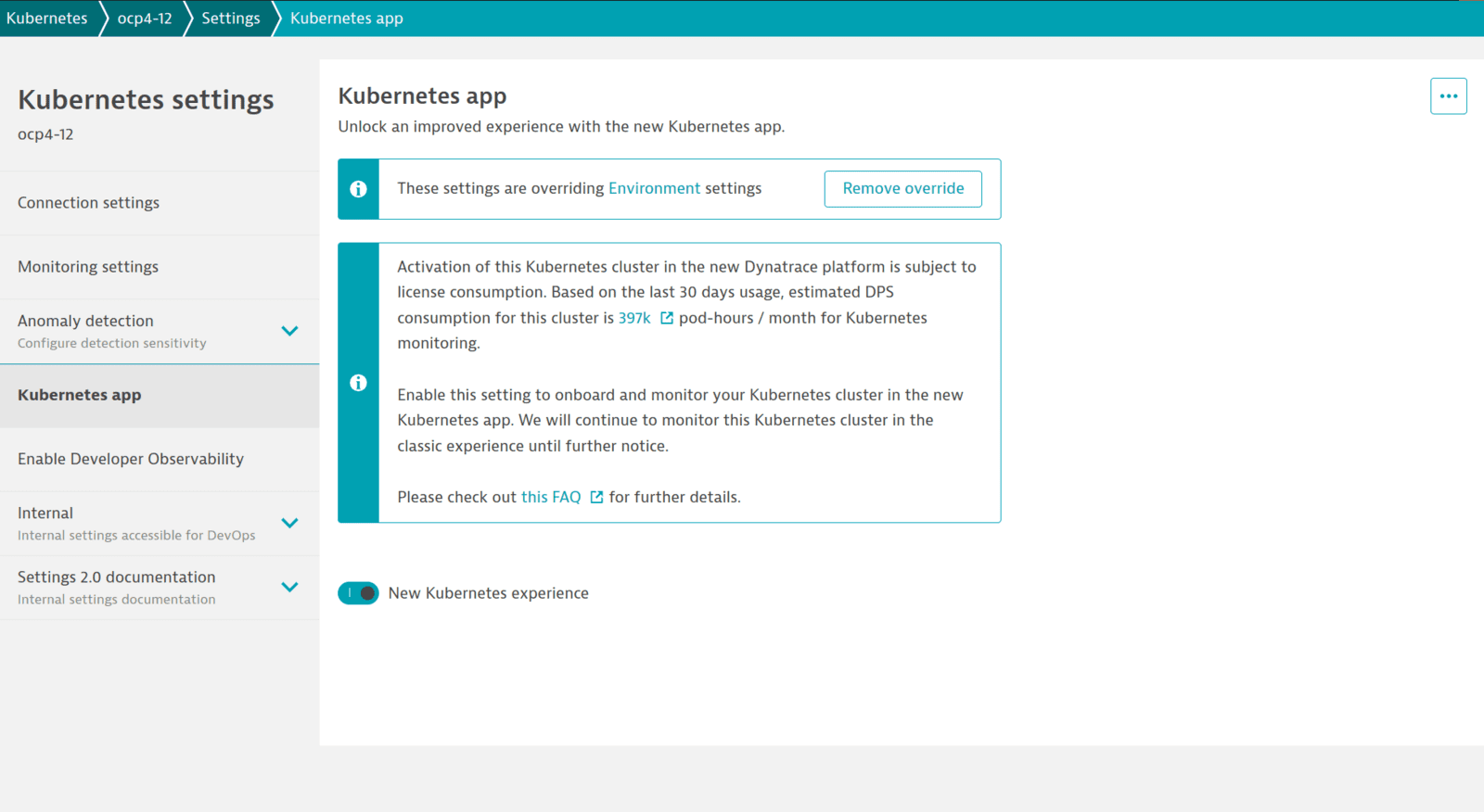 Enable Kubernetes experience for existing clusters — Dynatrace Docs