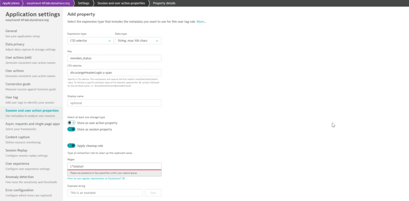 Define user action and user session properties for web applications — Dynatrace Docs