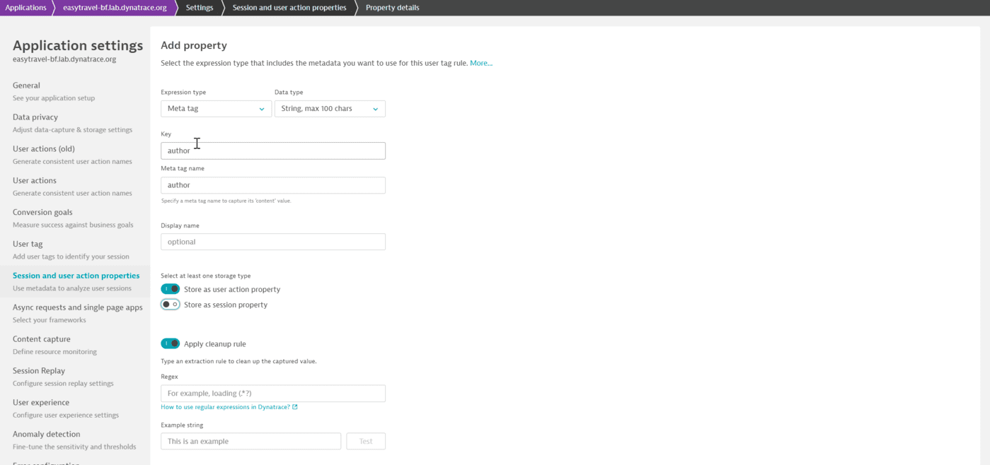 Define user action and user session properties for web applications — Dynatrace Docs
