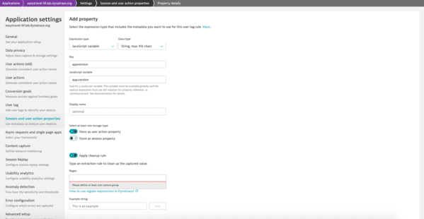 Define user action and user session properties for web applications — Dynatrace Docs