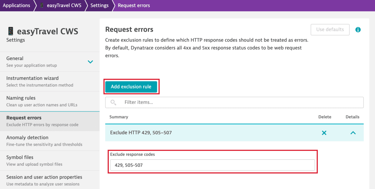 Ignore web request errors for custom applications — Dynatrace Docs