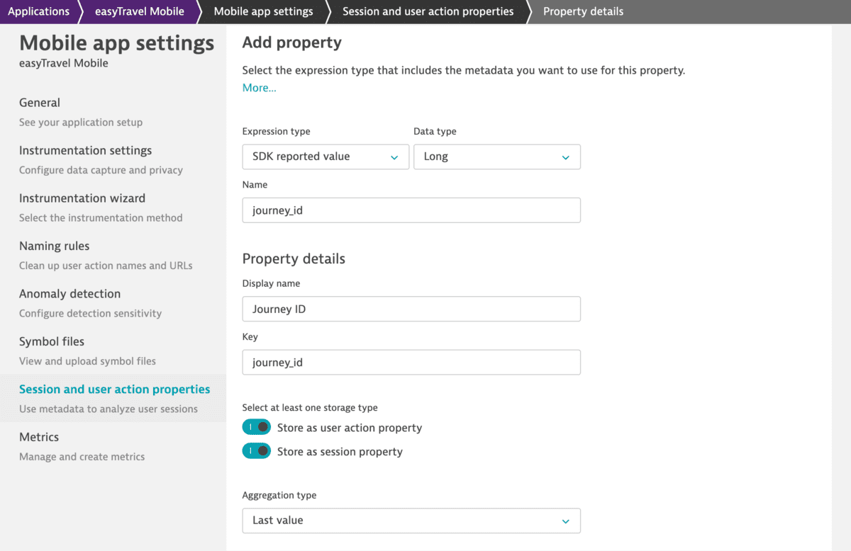 Define user action and user session properties for mobile applications — Dynatrace Docs