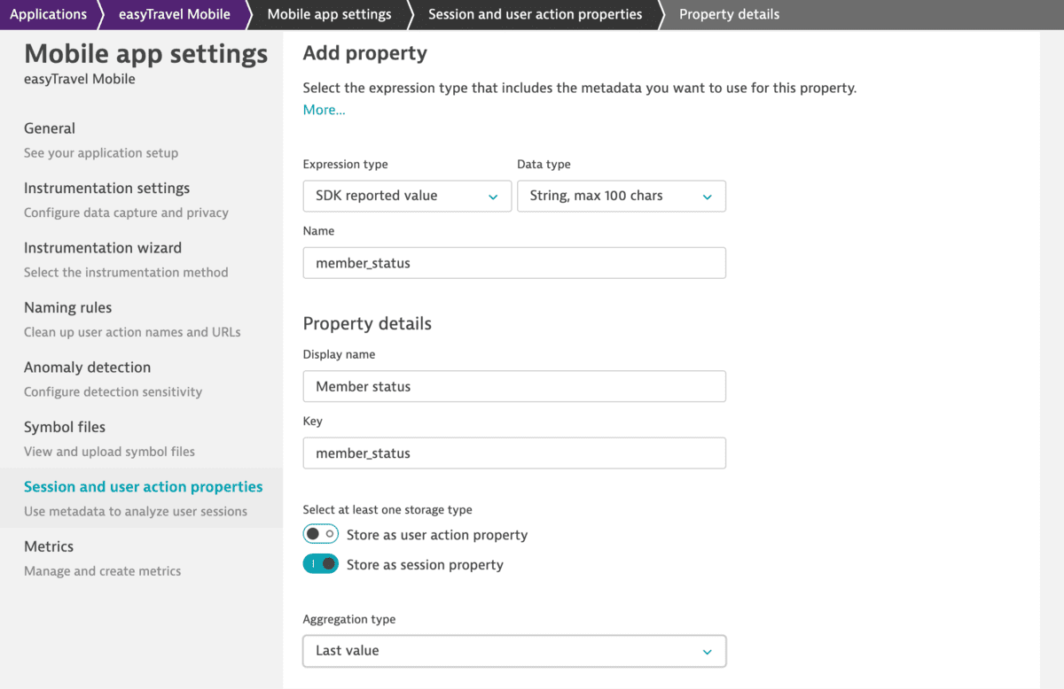 Define user action and user session properties for mobile applications — Dynatrace Docs