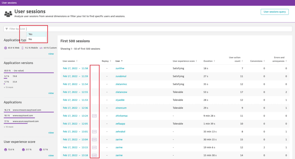 User sessions — Dynatrace Docs