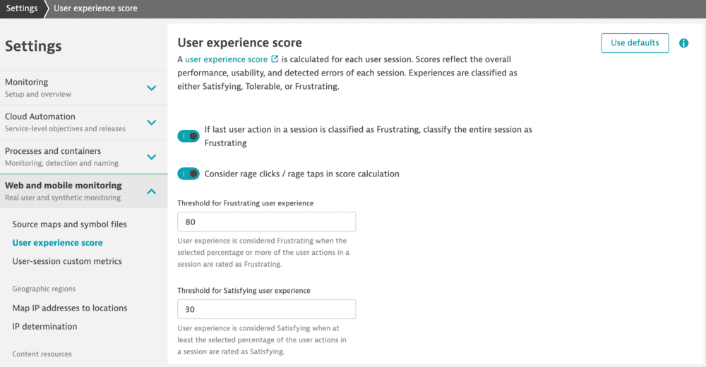 Change user experience score thresholds for web applications ...