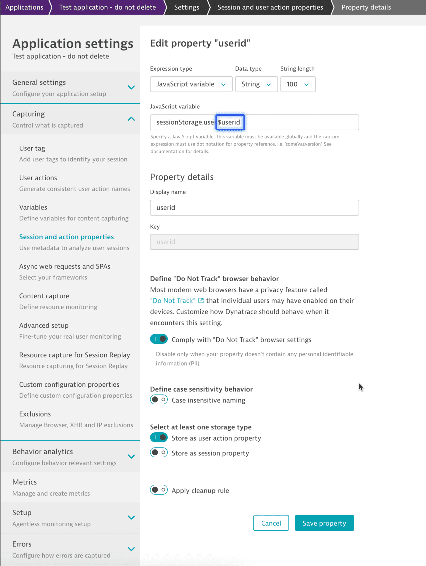 Define user action and user session properties for web applications — Dynatrace Docs