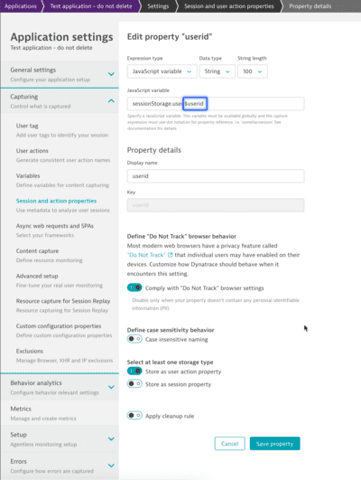 Define user action and user session properties for web applications — Dynatrace Docs