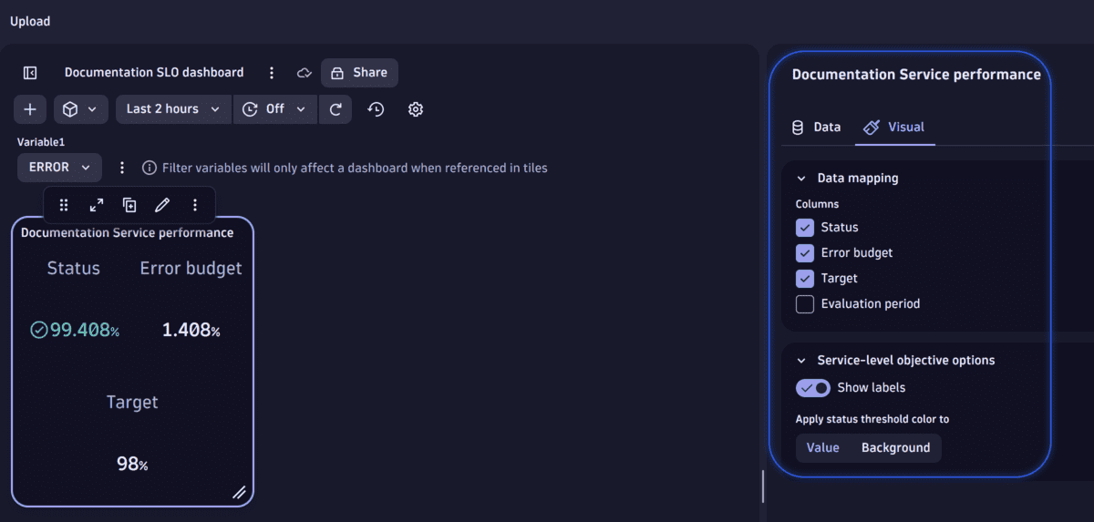 Add a service-level objective (SLO) tile to a dashboard — Dynatrace Docs