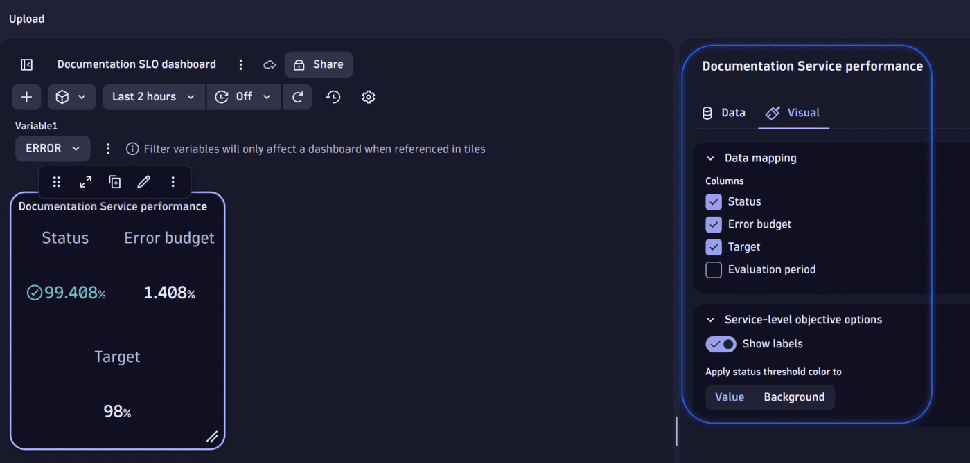 Edit a service-level objective (SLO) tile in a dashboard — Dynatrace Docs
