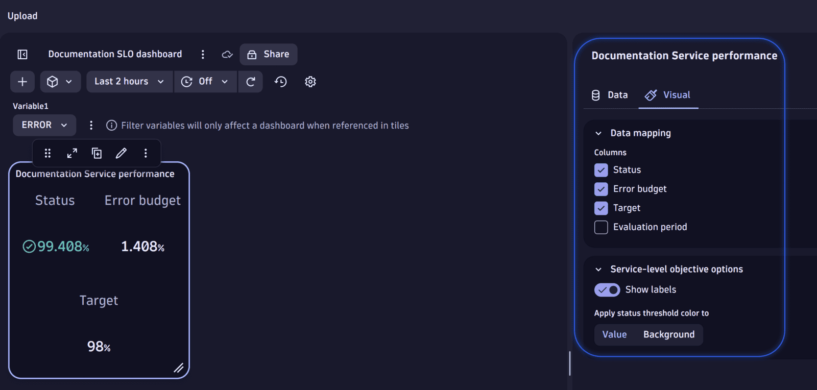 Edit a service-level objective (SLO) tile in a dashboard — Dynatrace Docs