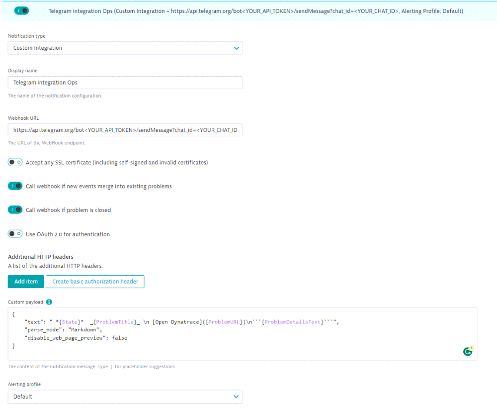 ChatOps integration with Dynatrace and Telegram or Google Chat