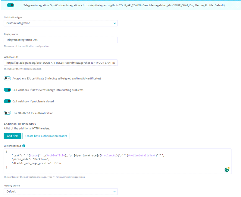 ChatOps integration with Dynatrace and Telegram or Google Chat