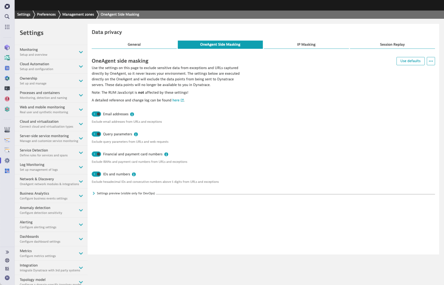 Control compliance in Dynatrace with multiple layers of sensitive data masking