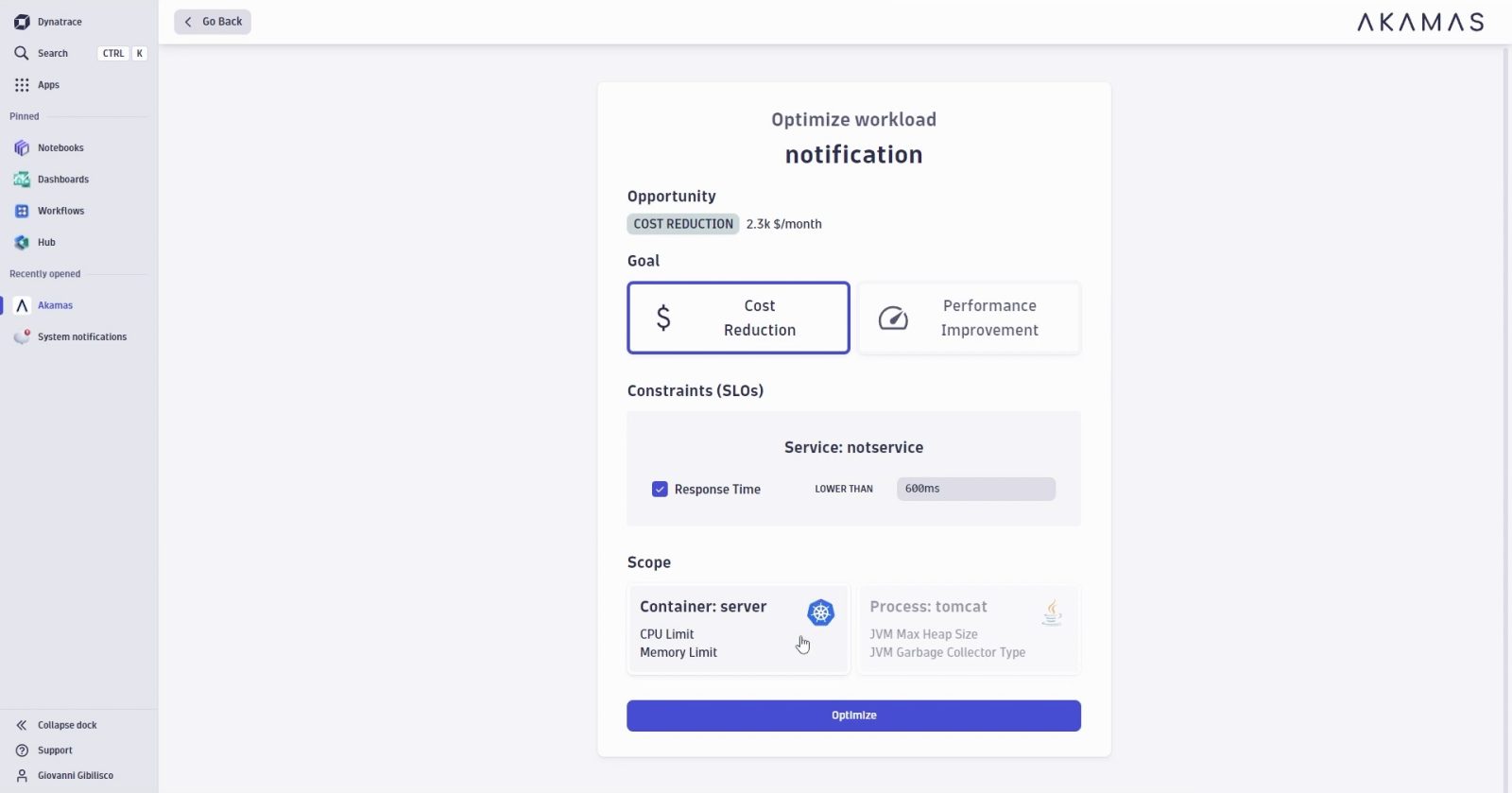 Dynatrace® Apps showcase: Akamas Kubernetes optimization